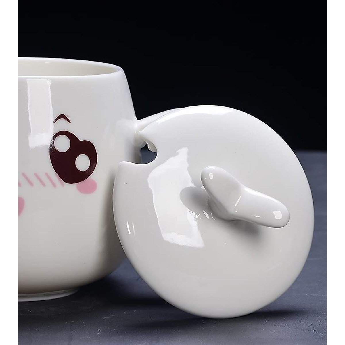 RYUHYF Ceramic cup, coffee cup, mug, ceramic cup with lid, tea cup with lid, coffee cup with lid and spoon，set of 1 (Cute cup(White+ lid + spoon))