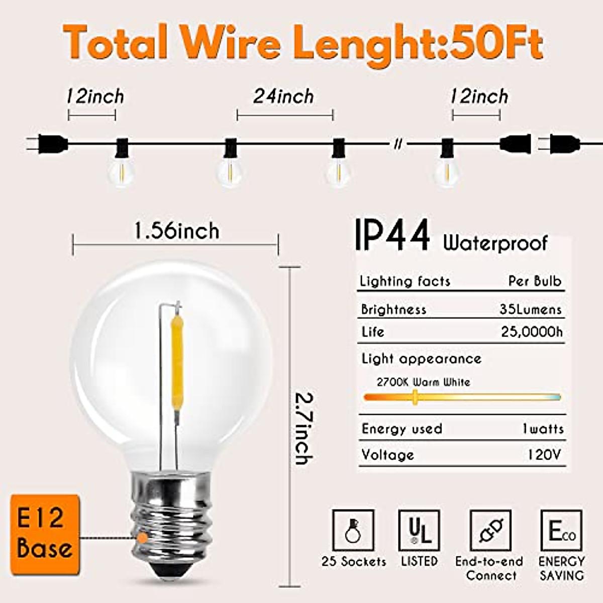 Patio Lights Outdoor Waterproof 50Ft (Connectable Up to 700 Ft) G40 Globe String Lights with 25 Shatterproof Dimmable LED Bulbs Indoor Outdoor Lights for Bistro Cafe Porch Backyard Balcony Garden Tent