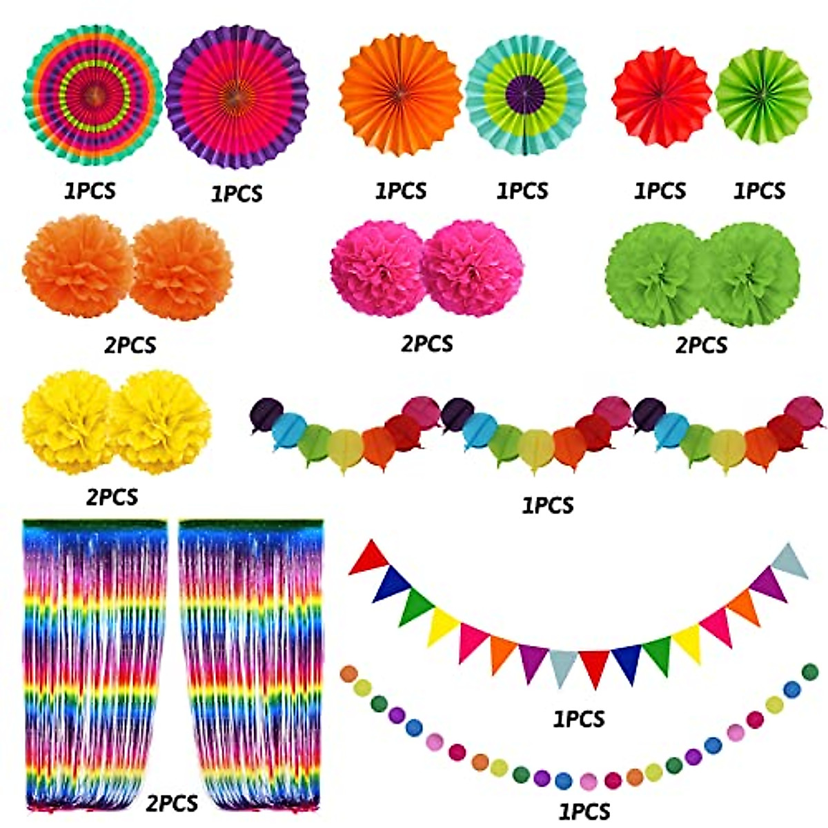 ZERODECO Fiesta Paper Fan Party Decorations Set, Multicolor Cinco De Mayo Pom Poms Pennant Garland String Banner Fringe Curtains Mexican Coco Carnivals Festivals Party Supplies