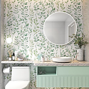 MelunMer Leaf Wallpaper Peel and Stick Wallpaper Boho Green Contact Paper for Cabinets Neutral Wallpaper for Bathroom Self-Adhesive Removable Wallpaper for Bedroom Decor Mural Waterproof 17.3"×78.7"