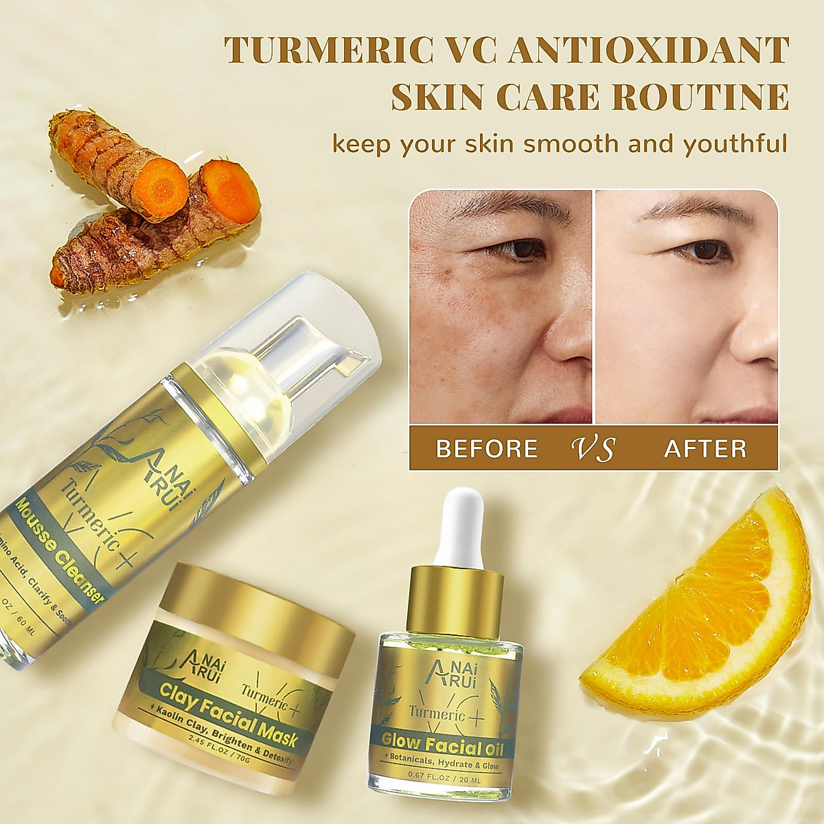 ANAI RUI Facial Skincare Set, Christmas Gift for Women Stocking Stuffers, Turmeric & Vitamin C Clay Mask for Dark Spot, Moisturizing Facial Oil, Turmeric Face Cleanser, Skincare Gift Set for Women