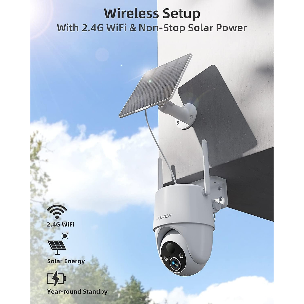 MUBVIEW Solar Security Cameras Wireless Outdoor, 2K 360° PTZ Battery Powered Outdoor Camera, 2.4Ghz WiFi Home Security Camera, Color Night Vision, Motion Detection, 2-Way Audio, SD/Cloud Storage