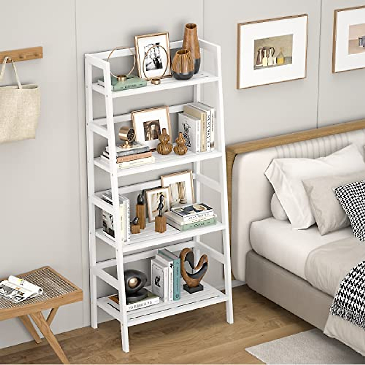 Homykic Bamboo Over The Toilet Storage and Ladder Shelf Bundle, White