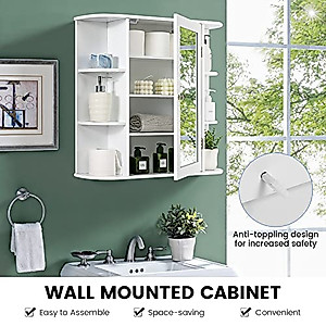 COSTWAY Wall Mounted Bathroom Cabinet - Storage Cabinet with Mirror Door & Adjustable Shelves, Space-Saving Medicine Storage Organizer for Living Room Kitchen Entryway (White)