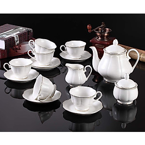 GUANGYANG GY 15-pcs Lotus Shape Porcelain Tea set with 7oz 6 Tea Cups and 6 Saucers,1 Teapot Sugar Bowl,1 Cream Pitcher,White