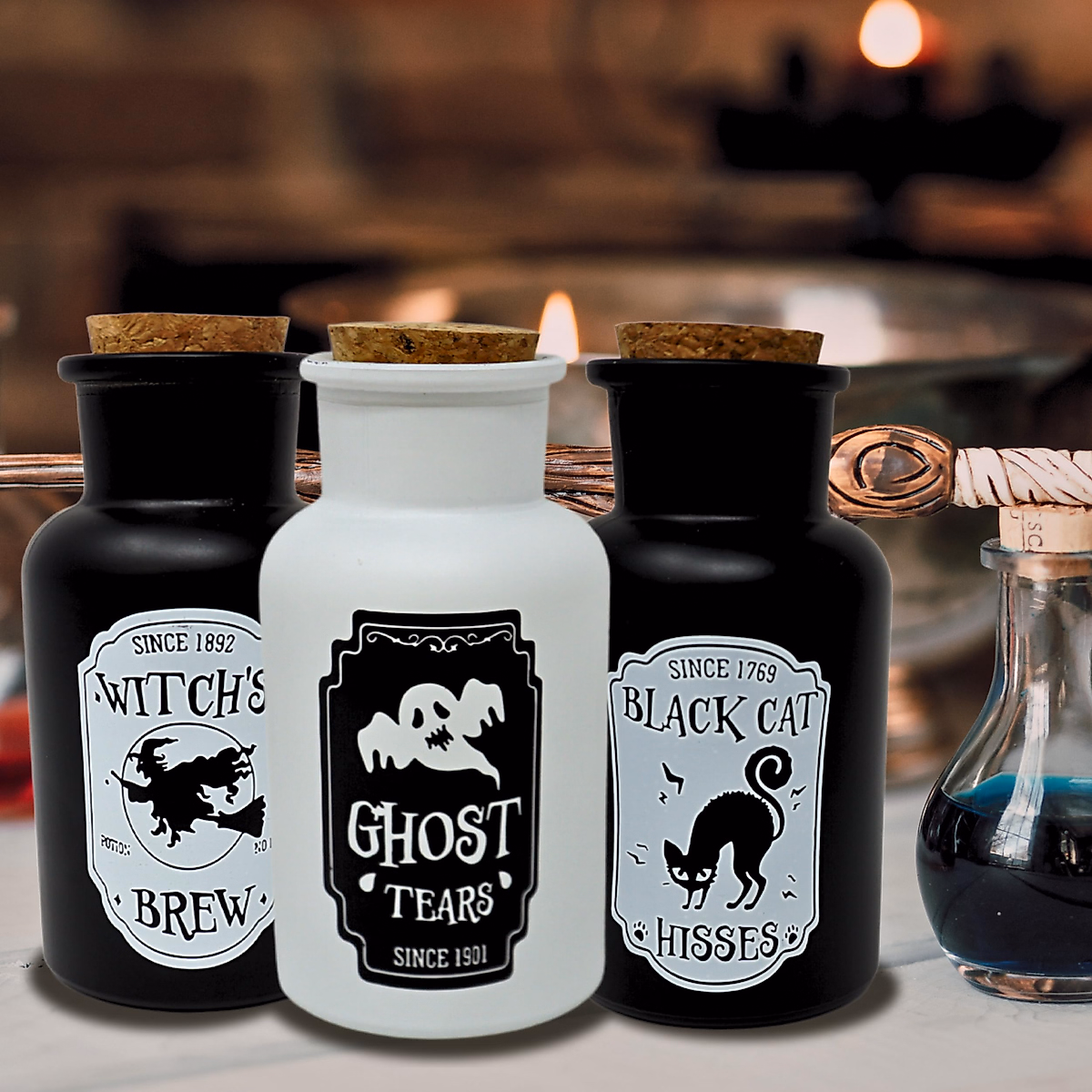 4E's Novelty Set of 3 Glass Decorative Apothecary Potion Bottles Halloween Tabletop Mantle Decorations, Halloween Witch Farmhouse Decor for Tiered Tray Table Centerpiece