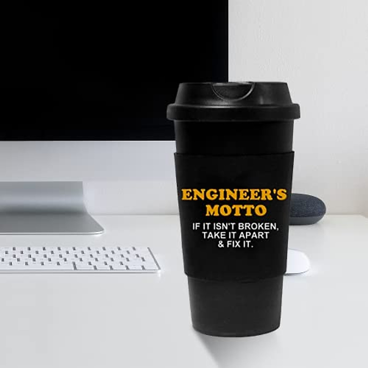 Funny Guy Mugs Engineer's Motto If It Isn’t Broken Take It Apart & Fix It Travel Tumbler With Removable Insulated Silicone Sleeve, Black, 16-Ounce