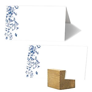 JarThenaAMCS 100Pcs Blue Floral Place Cards 3.5 x 2 Inch Chinoiserie Flower Tented Cards Seating Cards for Party Table Setting Supplies
