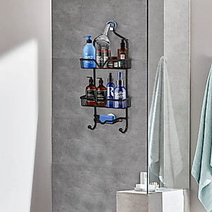 Vuskly Shower Caddy Over Shower Head, Aluminum Hanging Shower Organizer with 3 Shelf and 2 Hooks,Strong Suction Cups, Wide Space Shower Caddy for Shampoo and Soap, Black, 11x4.9X 24.8 inches