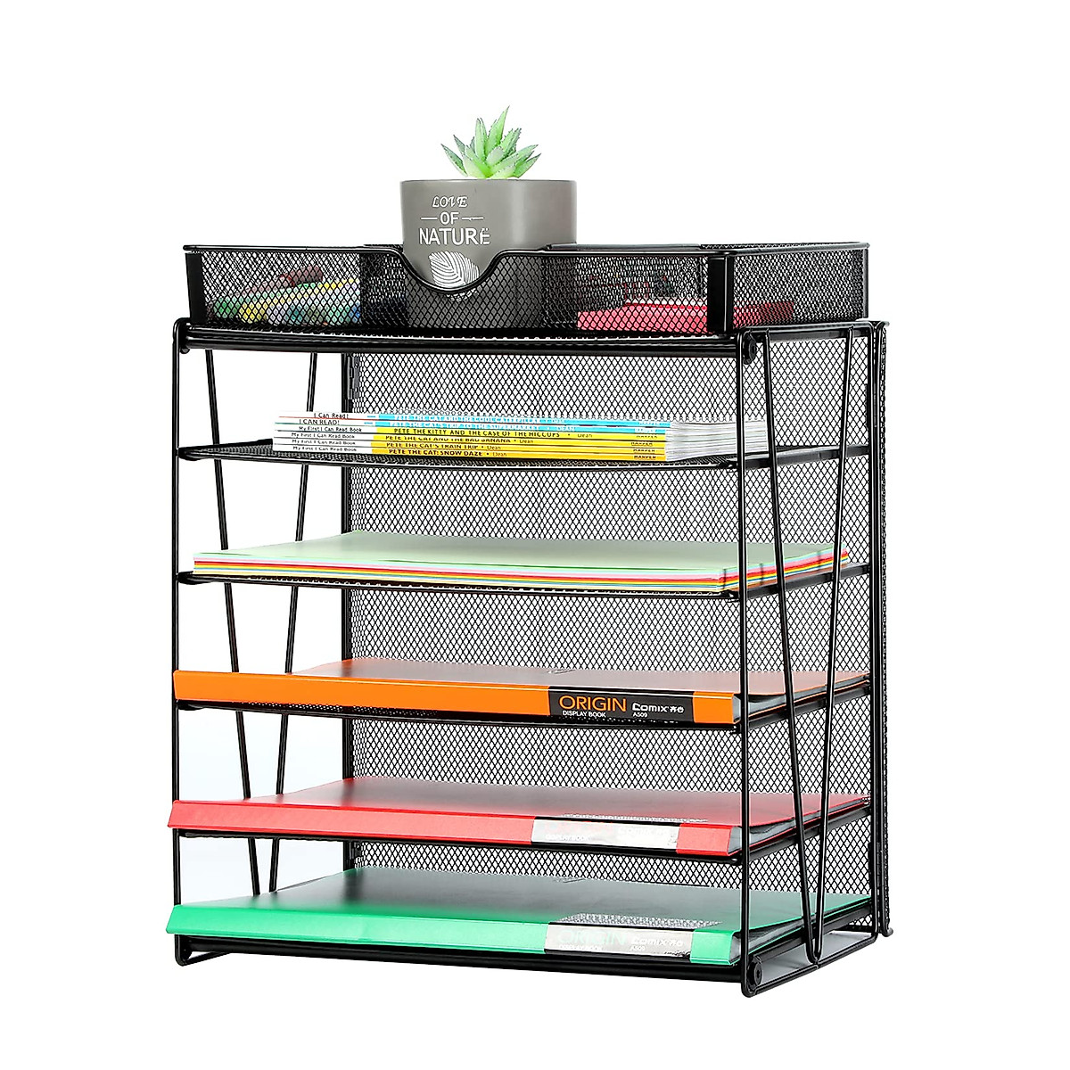 Samstar Paper Letter Tray, 5 Tier Desk File Organizer Paper Shelves Sorter Rack with Sliding Drawer and Extra Pen Holder, Black