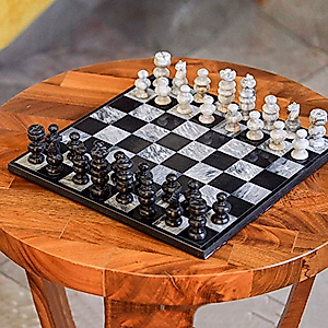 NOVICA Handcrafted Marble Chess Set, Grey and Black, Check in Gray'