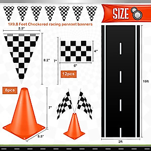 Remagr 22 Pcs Race Car Birthday Party Supplies Include Racetrack Floor Running Mat Checkered Racing Pennant Banner Black and White Flags on Sticks, Mini Orange Sports Safety Cones for Racing Party
