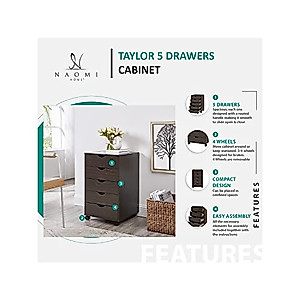 Naomi Home Taylor 5 Drawer Chest, Wood Storage Dresser Cabinet with Wheels, Storage Organization, Makeup Drawer Unit for Closet, Bedroom, Office File Cabinet 180 lbs Capacity – Natural