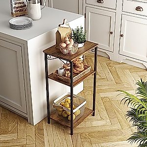 Hoctieon 3 Tier End Table Set of 2, Slim Side Tables, Narrow Side Tables, Nightstands for Small Spaces, Metal Frame, Easy Assembly, Rustic Brown