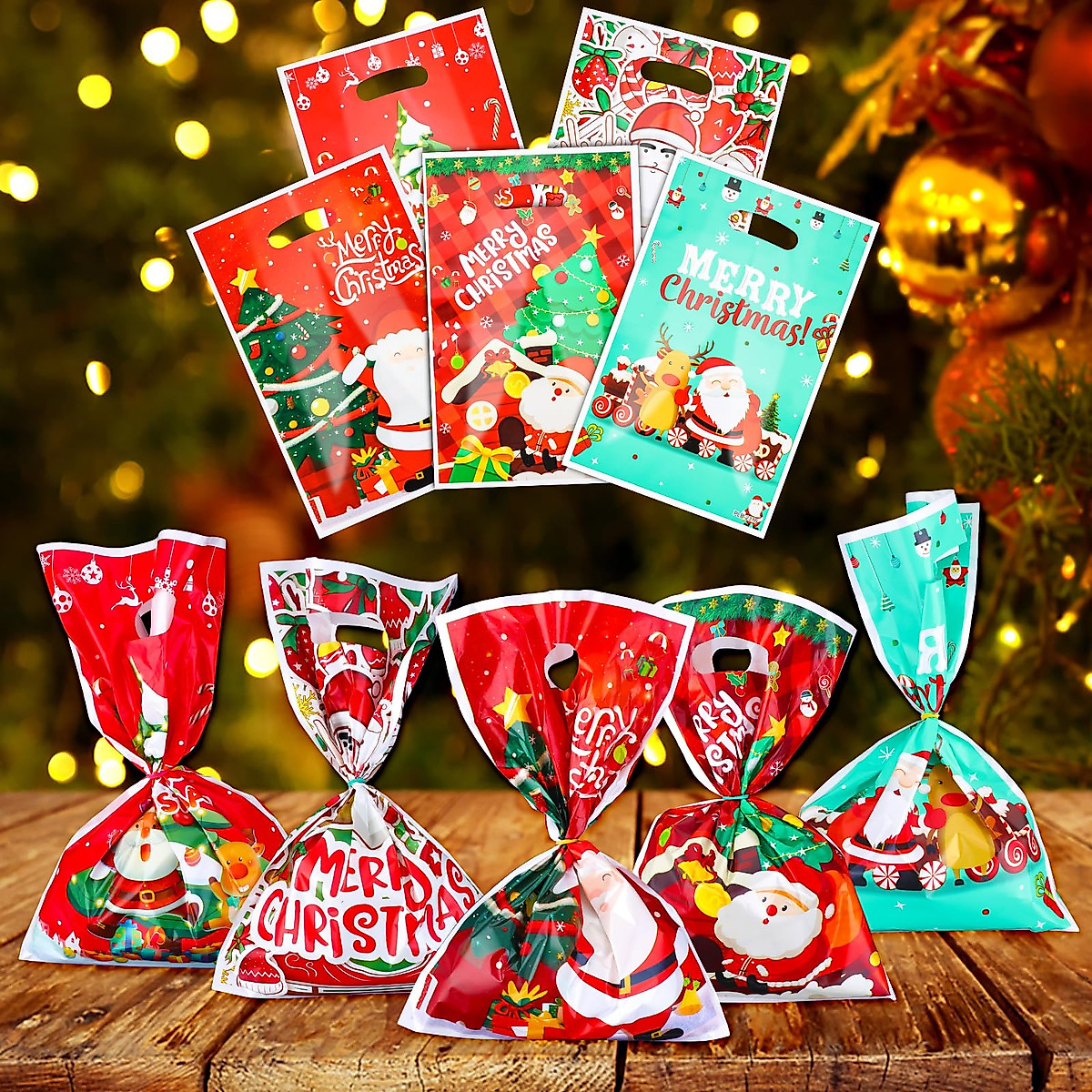 Abeillo 50Pcs Christmas Goodie Bags for Kids, Santa Claus Theme Party Favor Bags Christmas Gift Bags Medium Size Plastic Gift Bags Bulk for Kids (10 x 7Inch)