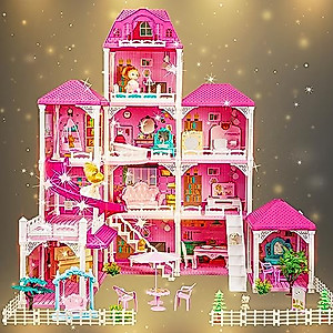 Ymrzed Doll House - Dream House Furniture Pink Girl Toys 4 Story 12 Rooms with 2 Dolls Toy Figures Kids Dollhouse Giant Doll House for Girls Gift Toy for Kids Ages 3 4 5 6 7 8 9+