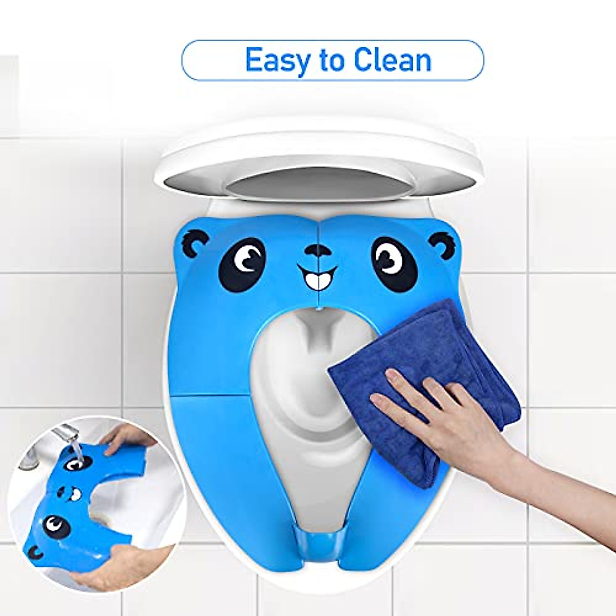 Pejoye Foldable Toilet Seat Toddler, Portable Toilet Training Seat for Kids, Travel Toddler Toilet Seat in ABS Material with 8 Anti Slip Silicon Pads and 1 Carry Bag, Blue Panda