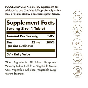 Solgar Zinc Picolinate 22 mg, 100 Tablets - Promotes Healthy Skin - Supports Immune System, Normal Taste & Vision - Antioxidant - Non GMO, Vegan, Gluten Free, Dairy Free, Kosher - 100 Servings