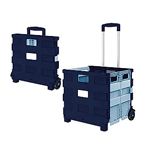 Utility Trolley Box, Handle Trolley Cart, Foldable Utility Portable Cart Mobile Folding Cart with Lid and 2 Wheels for Groceries Collapsible Basket with Handle (Color : Blu)