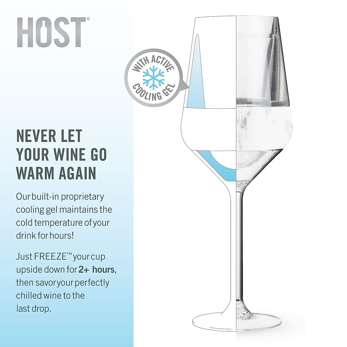 Host Wine Freeze Double-Walled Stemmed Wine Glasses Freezer Cooling Cups with Active Cooling Gel and Insulated Silicone Grip, 6.5 Oz Plastic Tumblers, Marble, Set of 2