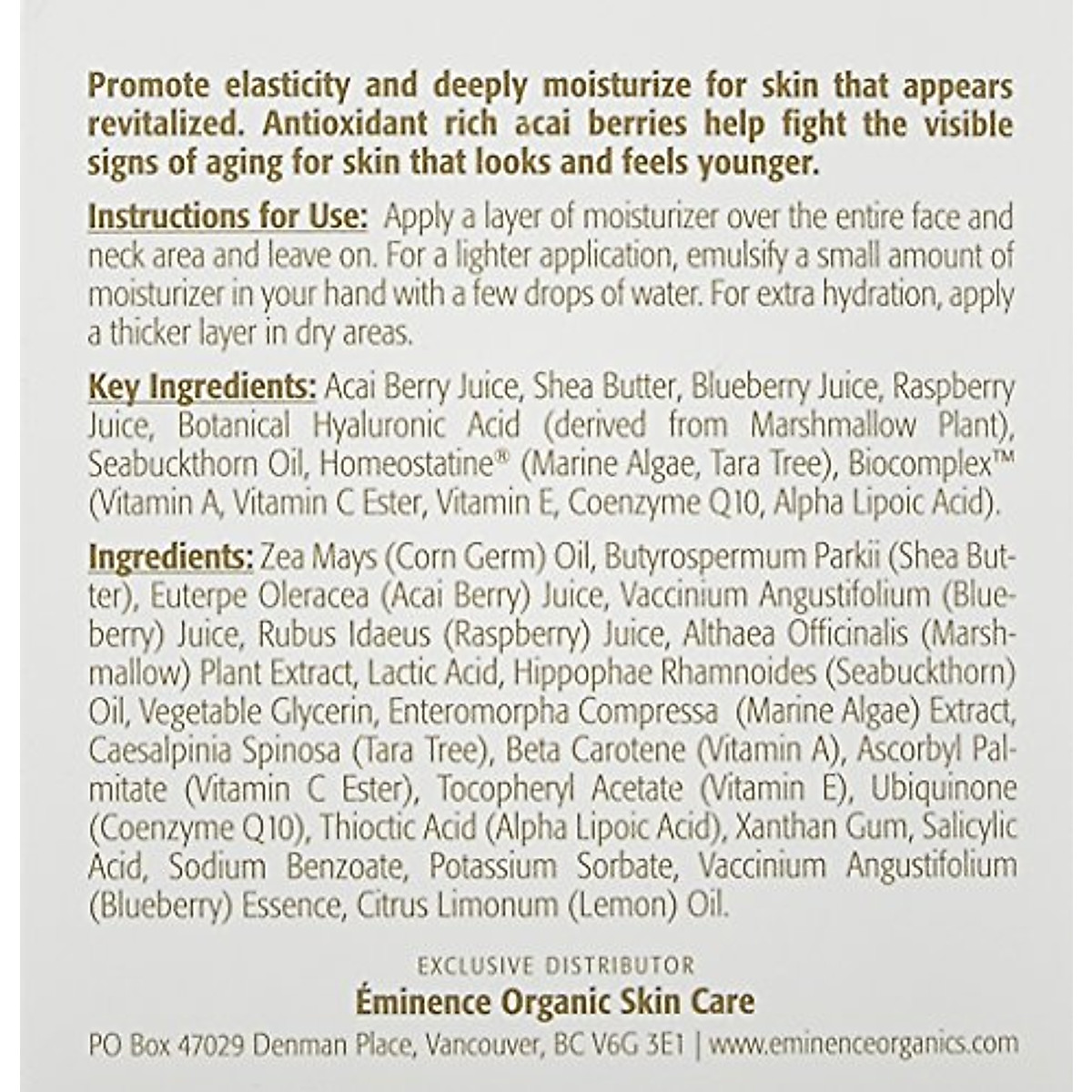 Eminence Organic Skincare Firm Skin Acai Moisturizer with Hyaluronic Acid, 2 Fluid Ounce (2254/Em)