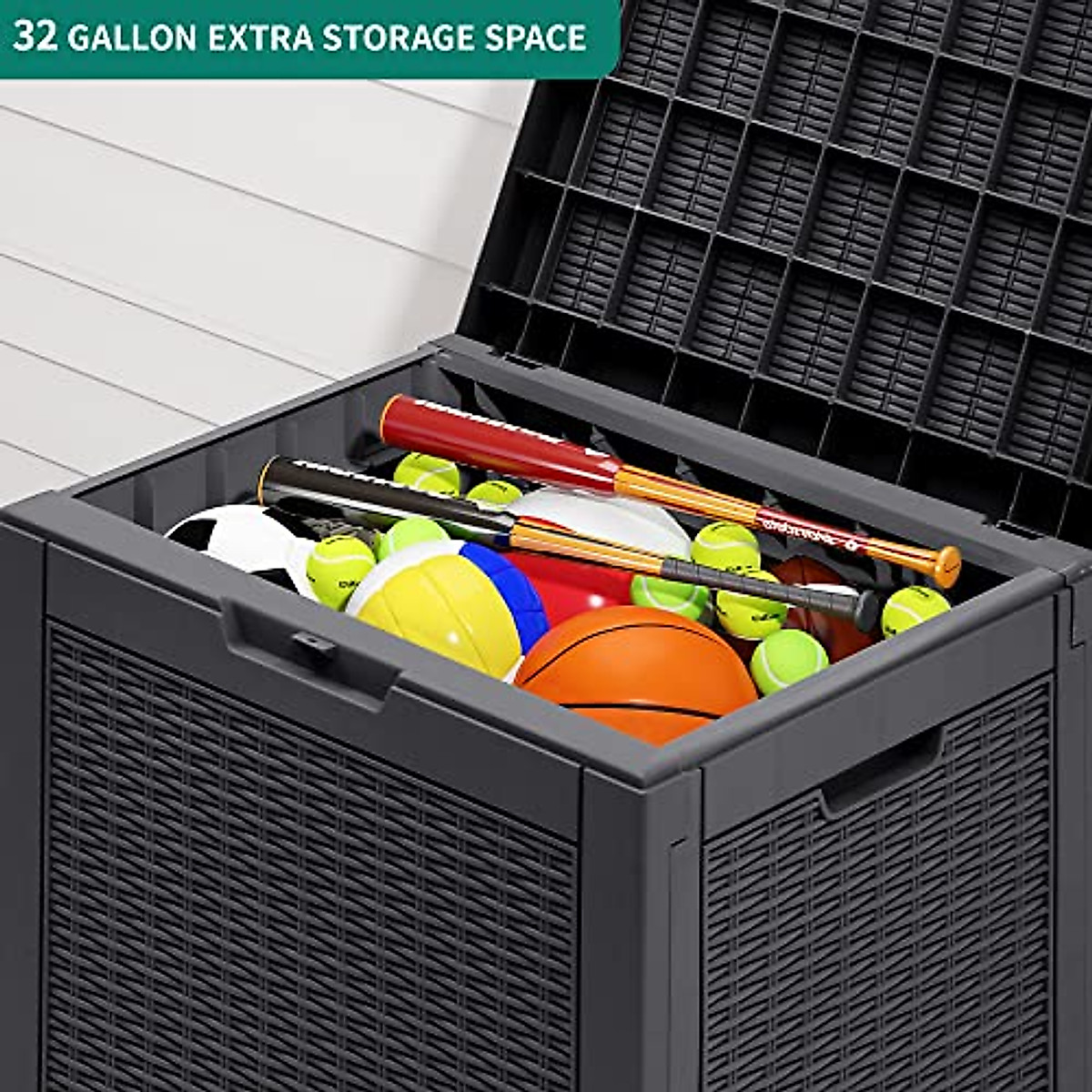 YITAHOME 32 Gallon Rattan Deck Box, Indoor Outdoor Storage Box for Patio Furniture, Pool Accessories, Cushions, Garden Tools, Sports Equipment, Waterproof Resin with Lockable Lid and Side Handles (Black)