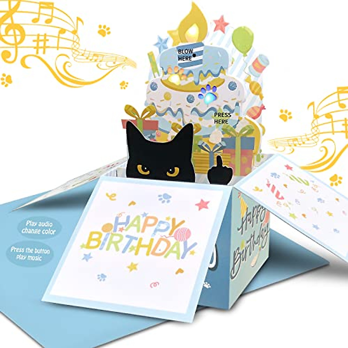 DTESL 3D Pop Up Funny Birthday Cards, 3D Black Cat Birthday Card for women, Cat Mom or Dad Greeting Cards for Every Cat Lover, Press the power button to play: plays hit song 'Happy Birthday'