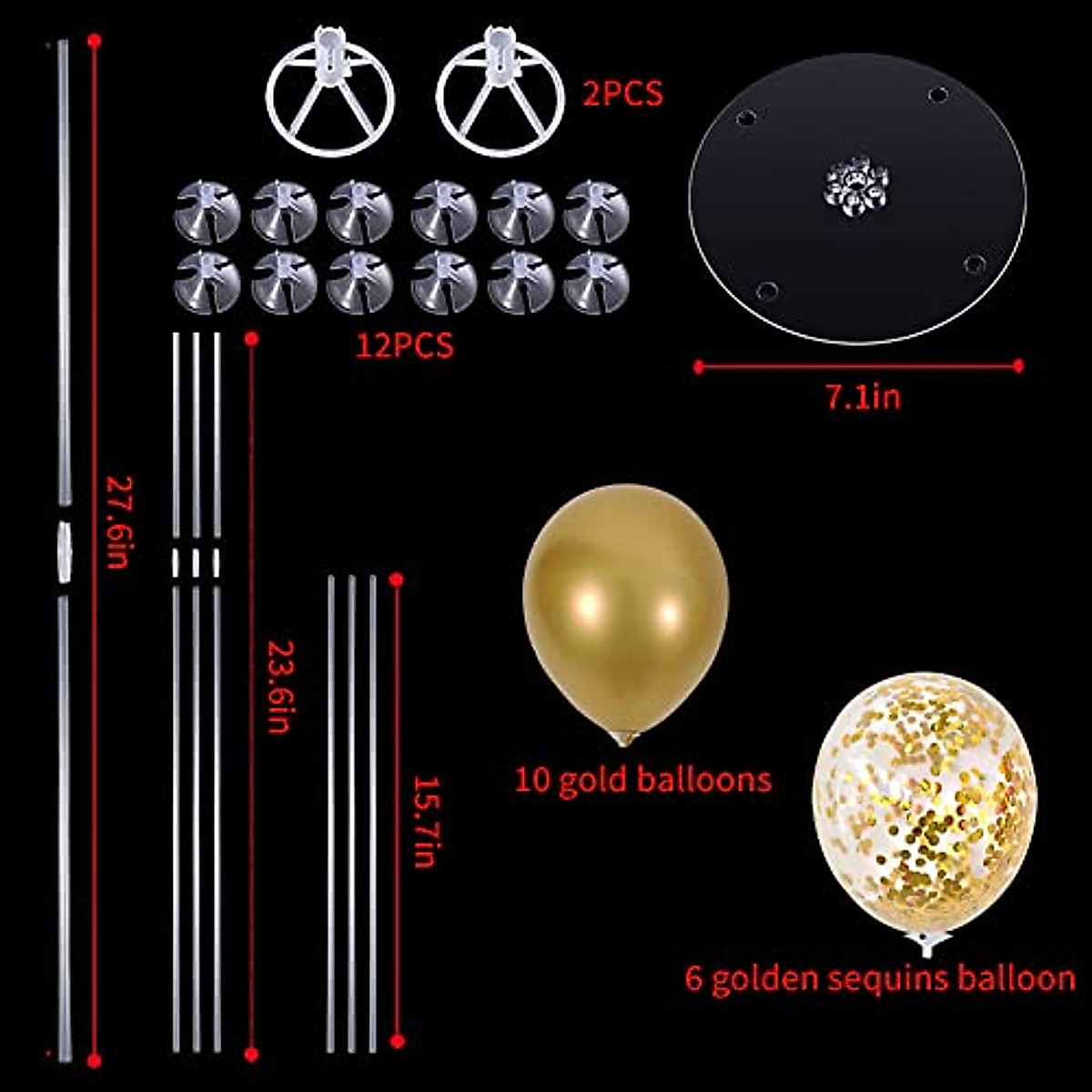TONIFUL Balloons Stand Kit Table Decorations,2 Set with 14 Sticks, 14 Cups, 2 Base, 16 Gold Balloons for Wedding Graduation 30th 40th 50th 60th 70th 80th 90th 100th birthday table decorations