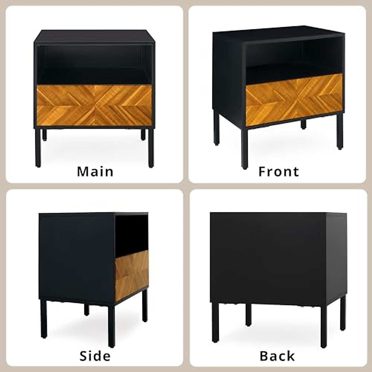 Bme Vivian Solid Wood Nightstand, End Table, Bedside Table with Herringbone Pattern for Rustic Bedroom, Easy Assembly, Rustic Golden Brown and Black