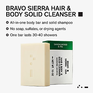 Bravo Sierra Body and Hair Mens Soap Bar All-In-One Shampoo & Soap for Men's Face, Hair & Body - Sandalwood & Fig, 7 oz - Coconut, Shea Butter and Oat Flour for Soft Skin and Healthy Hair