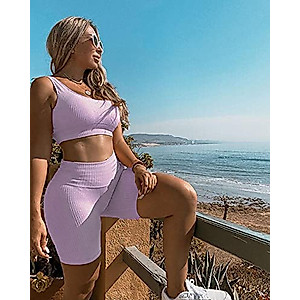 Beaufident Women Workout Set Athletic Tracksuits Yoga Running Biker Short with Paded Sports Bra Taffy Purple