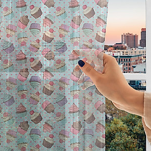 Ambesonne Dessert Tulle Curtains with Rod Pocket, Repeating Pattern of Yummy Cupcakes with Rose and Cherry Toppers on Hearts Backdrop, Sheer Drape for Wedding Party 2 Panels, 108" x 72", Multicolor