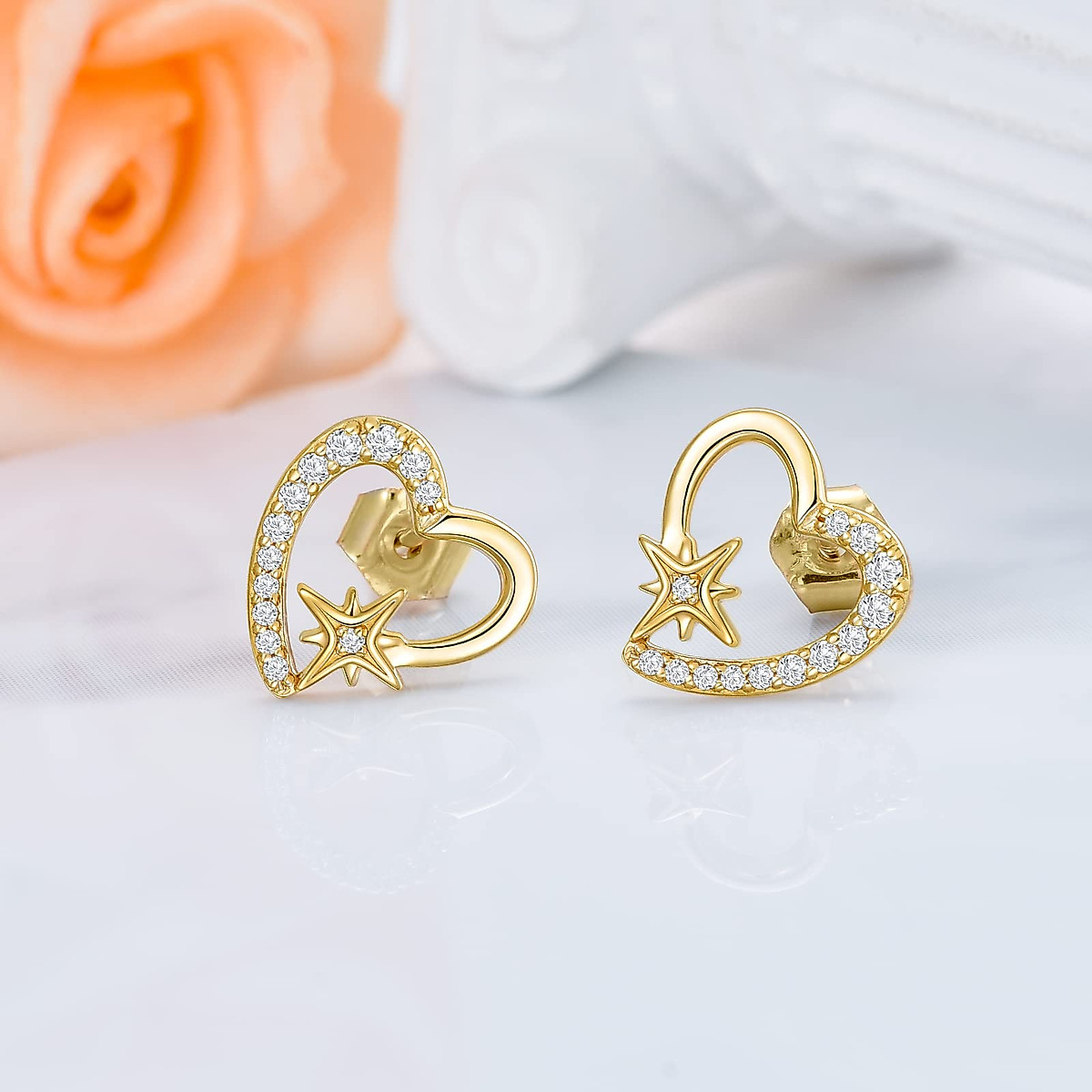 14k Solid Gold Star Heart Earrings for Women Cubic Zirconia Stud Earrings ，Gifts for Valentine's/Anniversary/Mother's Day