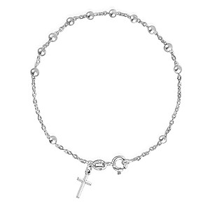 Savlano 925 Sterling Silver Italian Rosary Solid Bead Chain Cross Pendant 7 Inches Bracelet Comes With Gift Box for Women - Made in Italy (7.5, 4mm)