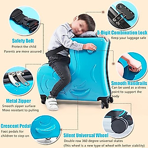 RUTILY Ride On Suitcase for Kids 20" Fashionable Unisex Kid Rolling Carry On Luggage with 4 Universal Wheels and Password Lock Recommended Age 2-8 Years Old Load Bearing 110LB (Blue)