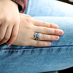 Women's Marquise-Shape CZ Engagement Band Guard Enhancers Silver Stacking Wedding Ring Set Platinum Plated (size 6)