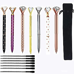 7pcs Diamond Ballpoint Pens with BONUS 7pcs Ballpoint Pen Refills and Black Velvet Bags, Big Crystal Diamond Pen, Beatiful Bling Metal Ballpoint Pen for Women,Co-workers,Kids,Girls.