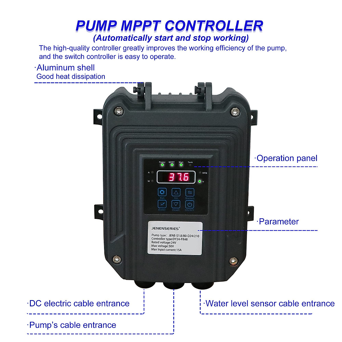 JENENSERIES Pump 270W DC 24V Solar Water Pumps, Max head 262ft,7.9GPM Flow，3 inch Solar deep well submersible Pumps with MPPT controller （270W 24V)