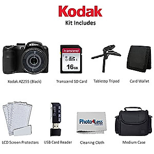 Kodak PIXPRO AZ255 Digital Camera (Black) + Point & Shoot Camera Case + 16GB Memory Card + USB Card Reader + Table Tripod + Accessories