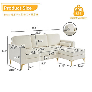 Convertible Sectional Sofa 85.38" L Shaped 3 Seat Couch Heavy Duty Corner Couch Chenille Lounge Couch w/Reversible Chaise & Arm-Pillows,Comfy Upholstery Sofa & Couches for Living Room Apartment,Beige
