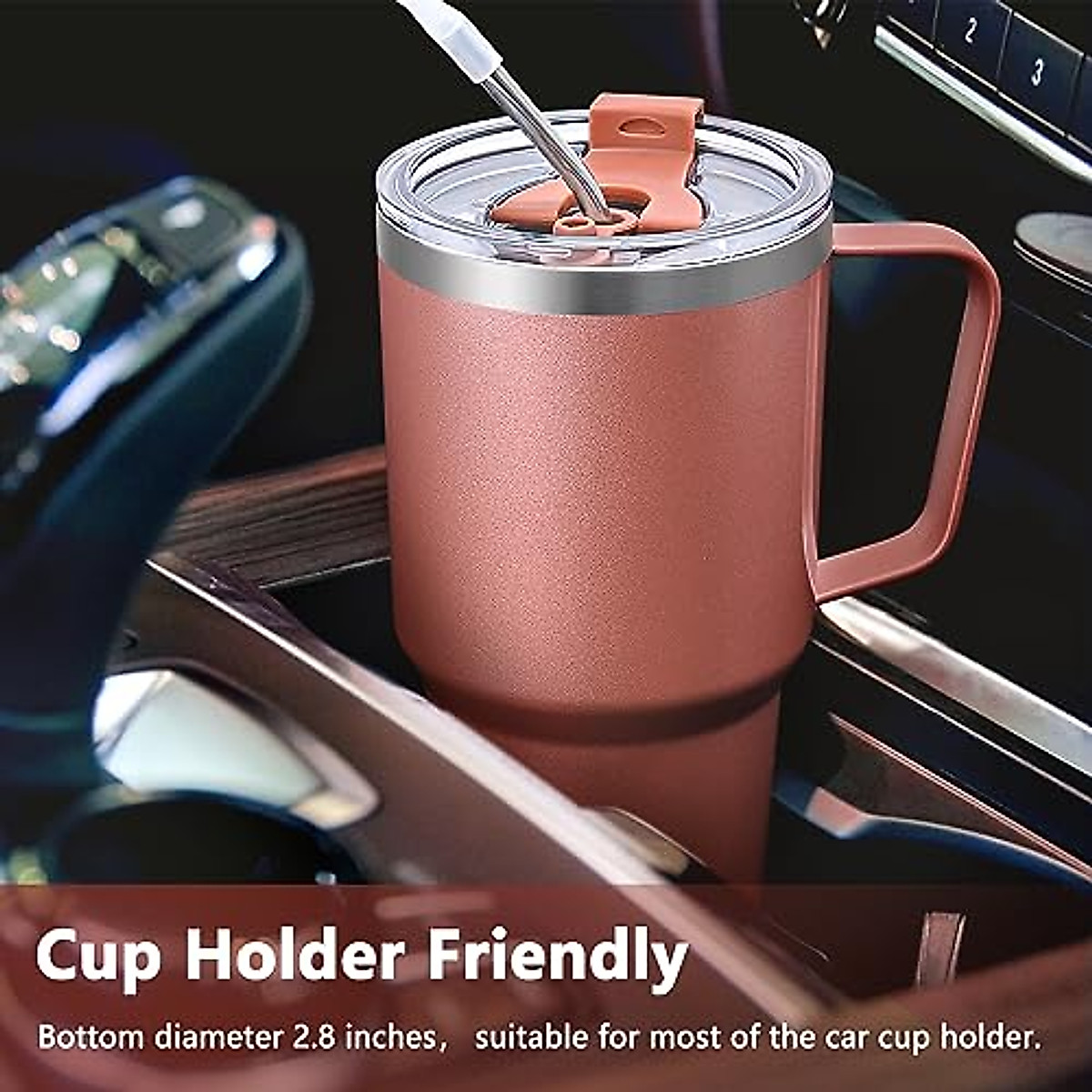 LiqCool 30Oz Tumbler with Handle, Stainless Steel Travel Coffee Mug, Vacuum Insulated Mug, Coffee Tumbler with Lid Straw, Reusable Cup Keep Cold 12H, Cup Holder Friendly(30 oz, Rose Gold)