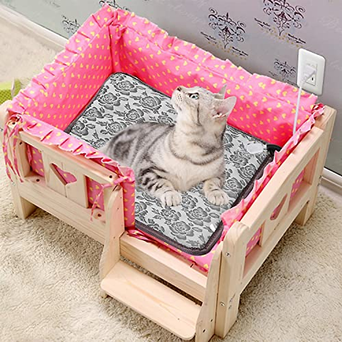 Pet Heating Pad, Cat Electric Heating Mat Waterproof, Pets Heated Bed Adjustable Dog Bed Warmer Electric Heating Mat with Chew Resistant Steel Cord (17.7x17.7, Flower)