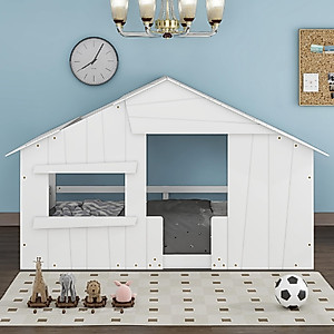 Montessori Floor Bed with Roof and Windows, Full House Floor Bed with Guardrail and Door, Full Size House Bed for Kids, Girls, Boys, White Montessori Bed Full Size