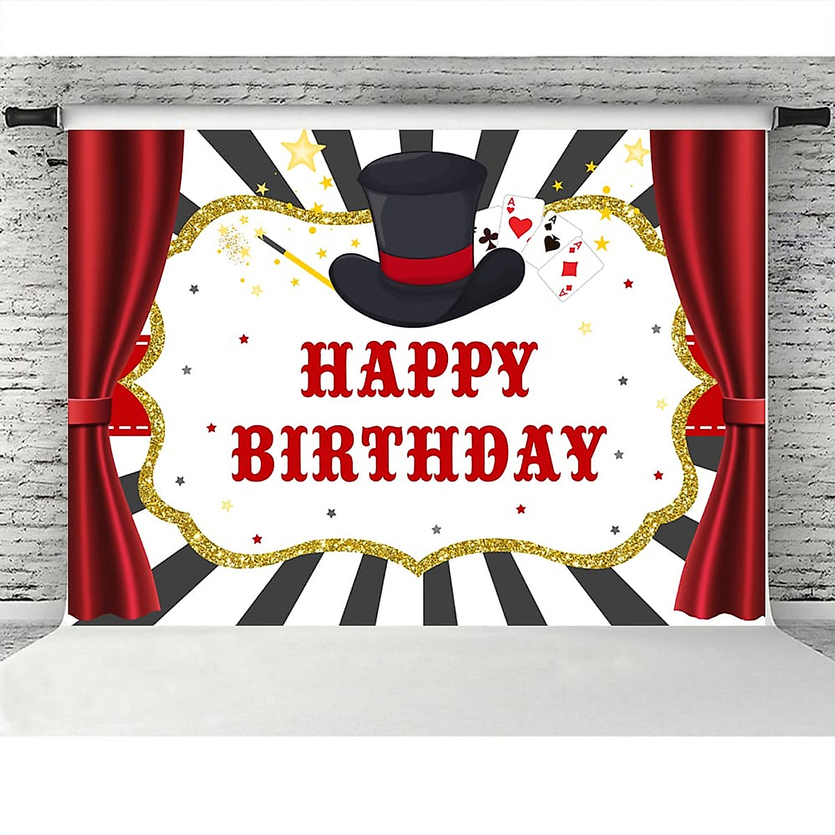 Lofaris 7x5ft Magic Show Happy Birthday Backdrop for Boy Girl Porker Magician Red Curtains Baby Shower Party Decor Supplies Background Magic Trick Black Hat Gold Stars Kids Adults Photo Studio Props