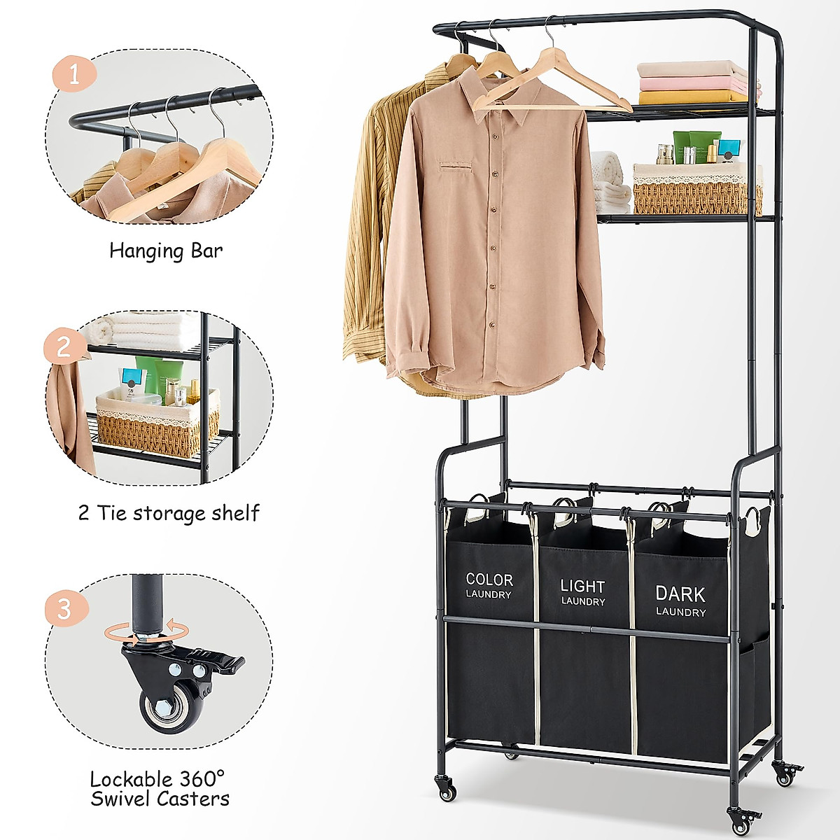 Gewudraw Laundry Sorter Cart with Hanging Rack, 3 Section Laundry Hamper Basket Butler Cart with 2 Tier Shelf, Rolling Lockable Wheels