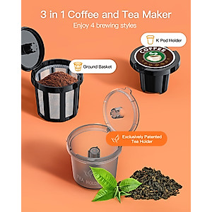 Tastyle Coffee and Tea Maker, 3 in 1 Single Serve Brewer for K Cup, Grounds & Tea, Hot and Iced Coffee Maker with 4 Brew Styles and 16oz Water Reservoir, Fits 7.3'' Travel Mugs, Black