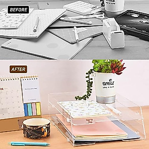 2 Tier Acrylic Stackable Paper Tray, Clear A4 Paper Letter Tray Organizer & Paper Shelf Organizer, Transparent Office Inbox Tray File Desk Tray