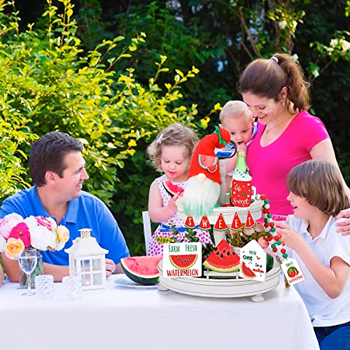 11 Pieces Watermelon Tiered Tray Decor Watermelon Wooden Kitchen Signs Watermelon Gnome Banner Beaded Garland Decor Set My Happy Summer Decor for Summer Fall Rustic Decor (Red)