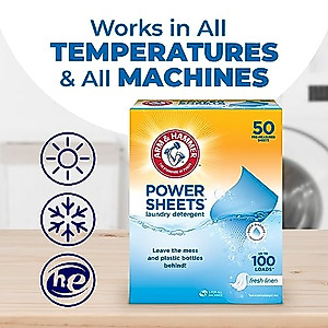 Arm & Hammer Power Sheets Laundry Detergent, Fresh Linen 50ct, up to 100 Small Loads (Packaging may vary)