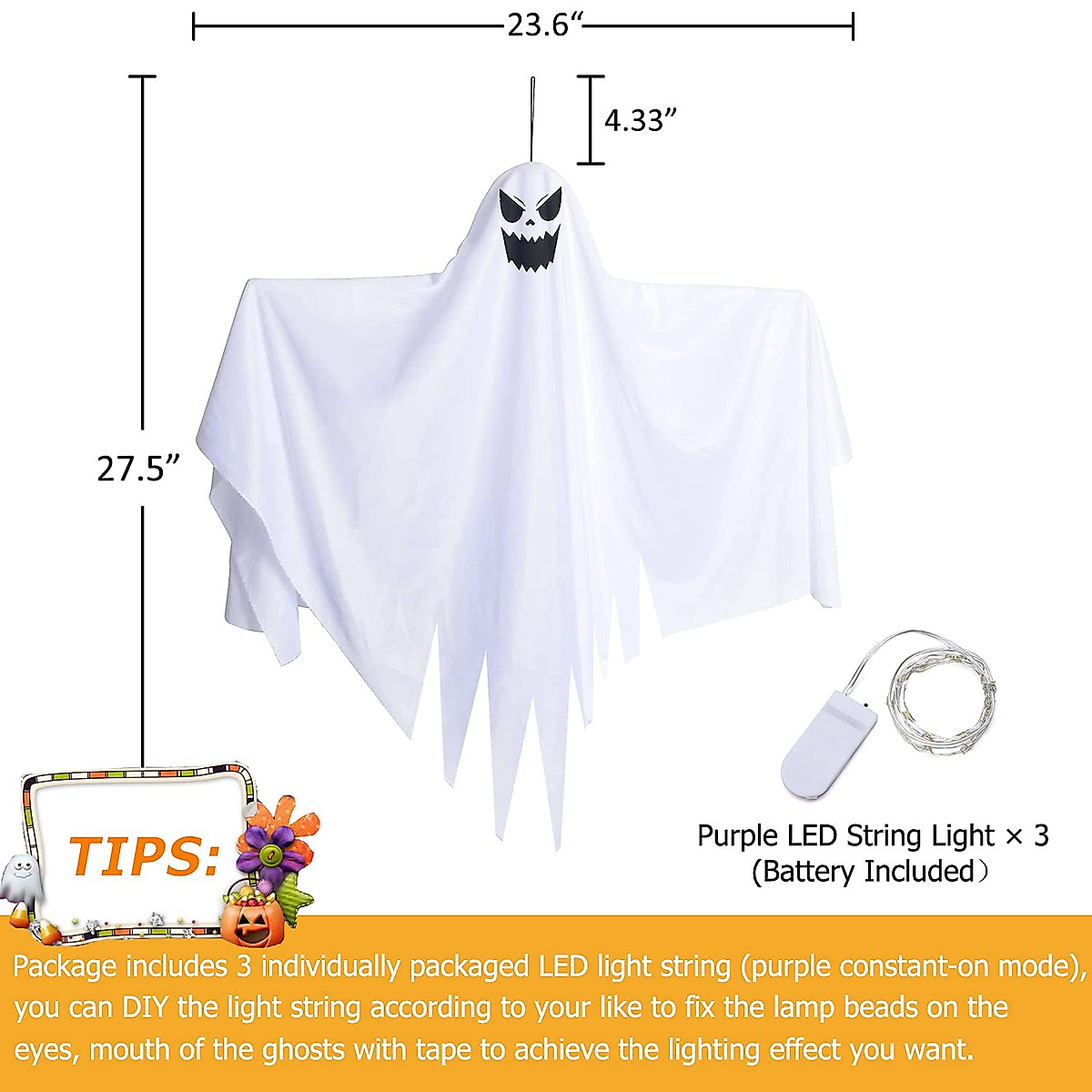 27.5” Halloween Hanging Ghosts Glow in The Dark for Halloween Party Decoration (3 Pack), Cute Flying Ghosts for Front Yard Patio Garden Tree Lawn Party Halloween Holiday Hanging Decorations